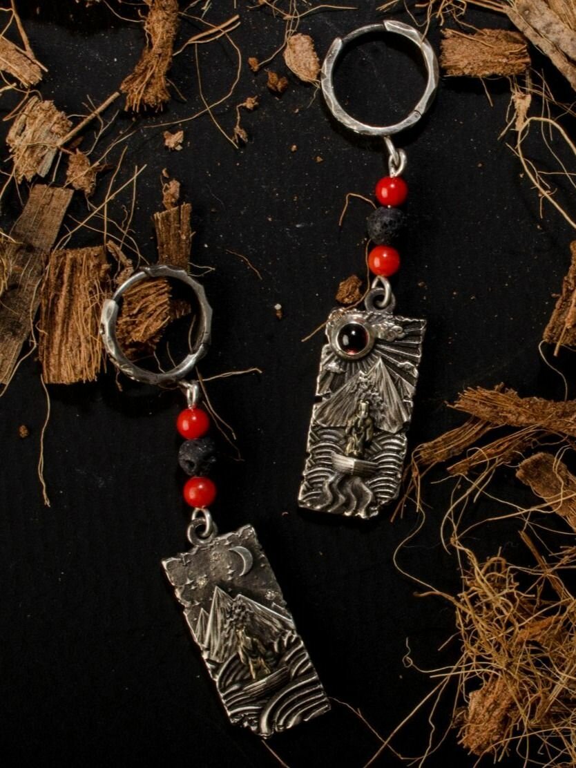 Серьги с подвесками, серебро, 925 проба, чернение, топаз, коралл, гранат