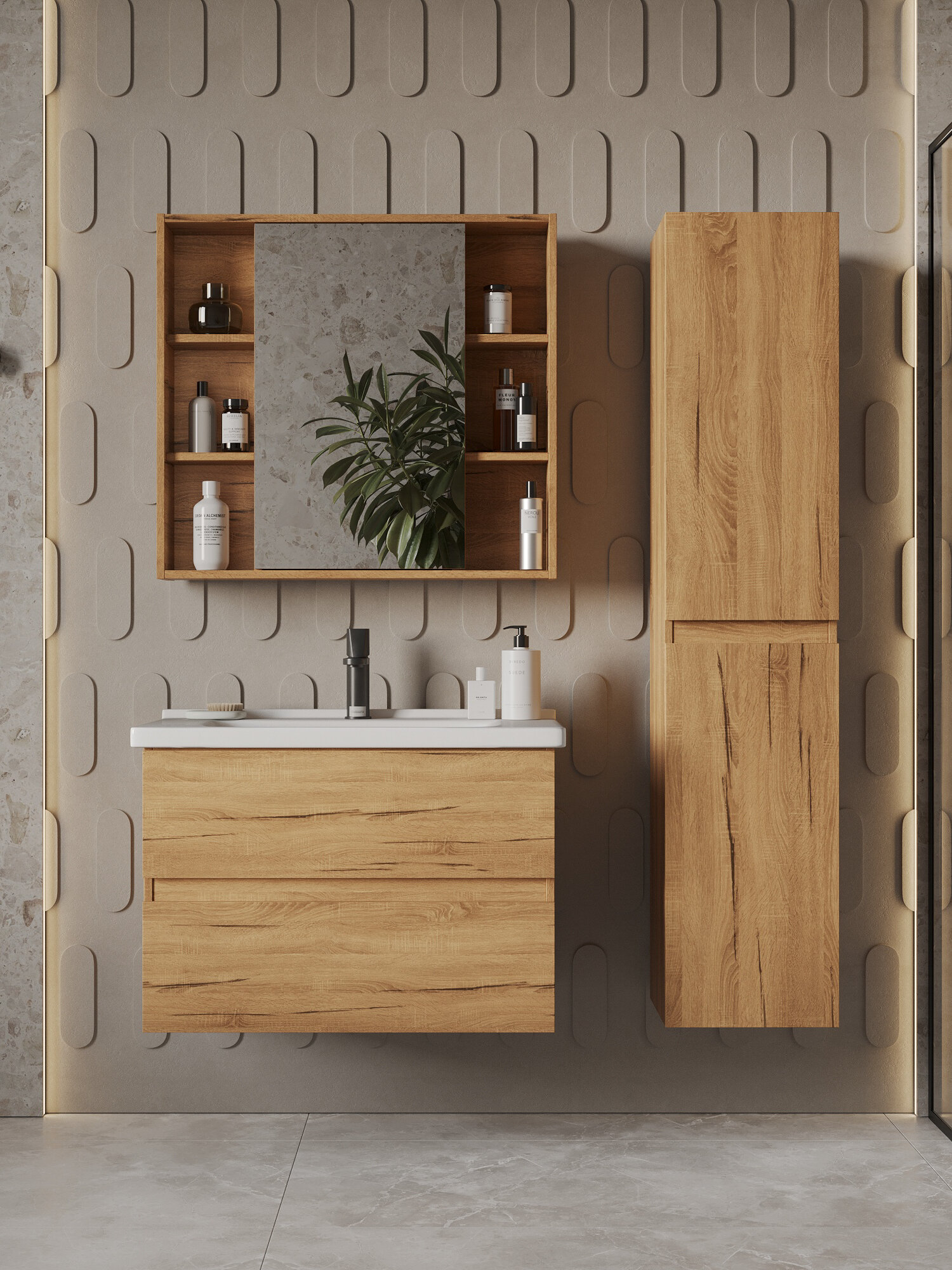 Тумба подвесная Vannika Vastra 80 с раковиной Миранда 80 для ванной комнаты, дуб вотан