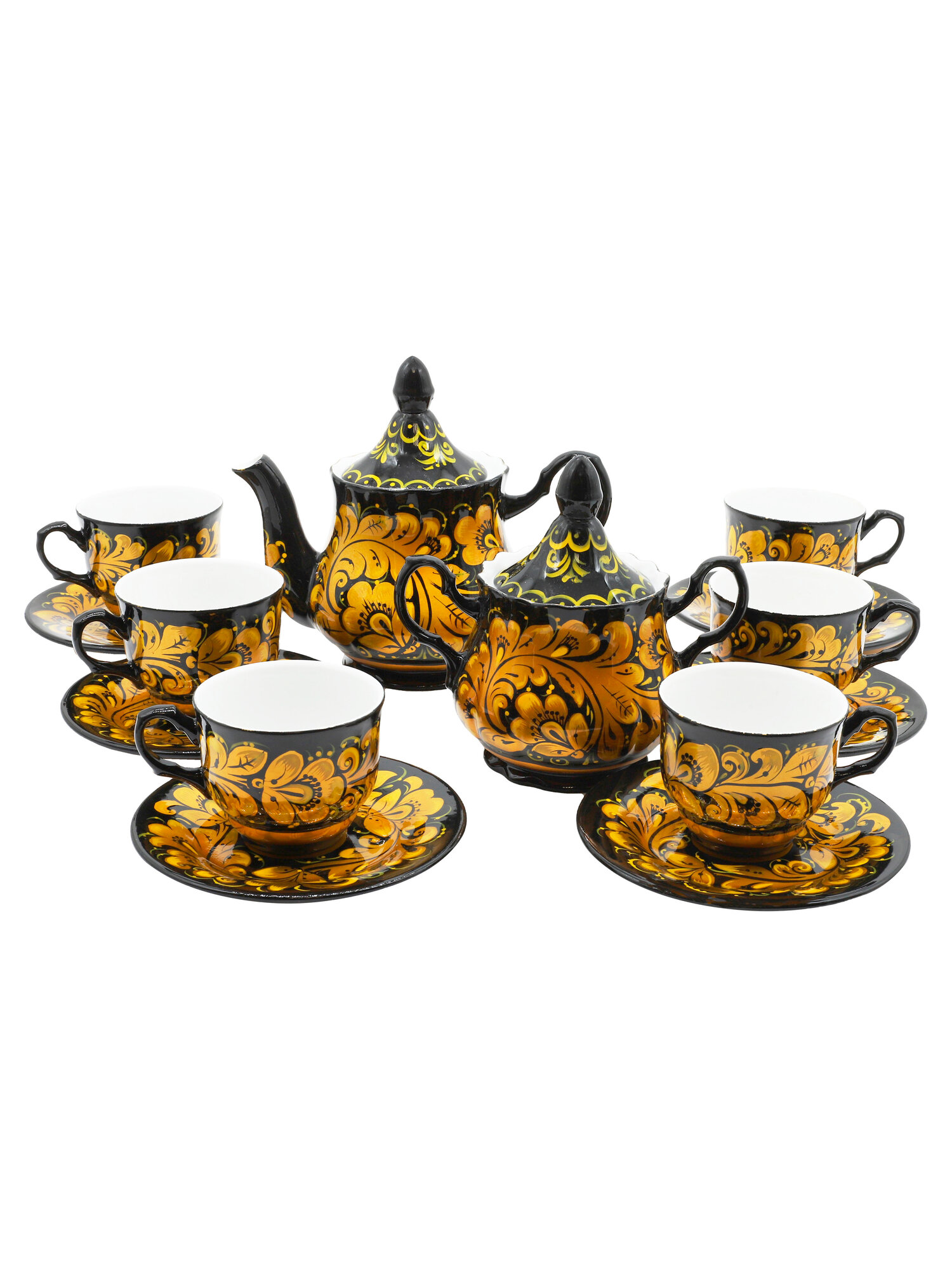 Чайный сервиз Кудрина, на черном, 14 предметов, фарфор (28771)