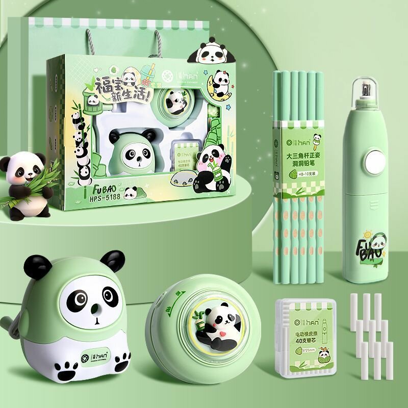 Набор для учебы "Панда" (4 в 1): Точилка, Электрический ластик, Настольный пылесос, 10 карандашей