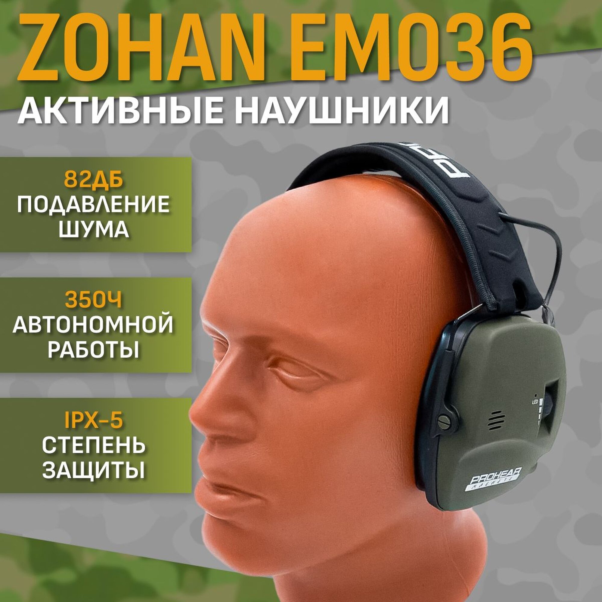 Активные наушники Zohan ProHear EM036, шумоподавление, NRR 23 дБ, зелёные