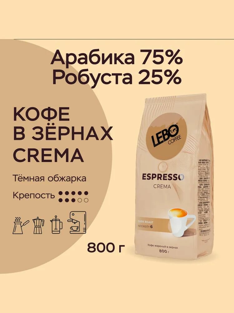 Кофе в зернах Lebo Espresso Crema, арабика/робуста 800 г.