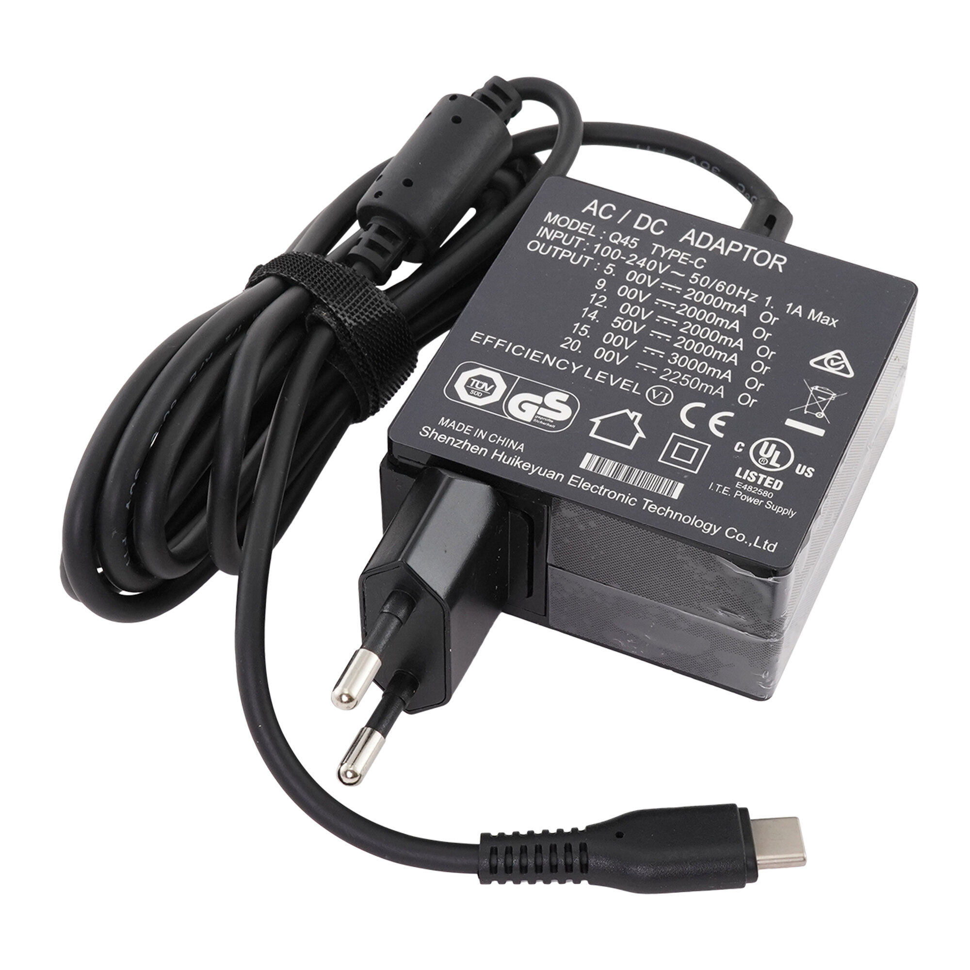 Зарядка для ноутбука Q45 5V3A, 9V3A, 12V3A, 14.5V2A, 15V3A, 20V2.25A (45W) Type-C (квадратная)