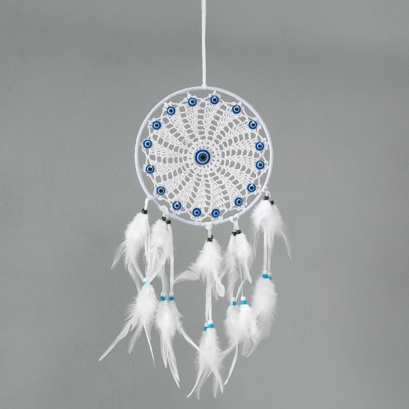 Ловец снов амулет от сглаза "Белое солнце", с перьями, 22x60 см