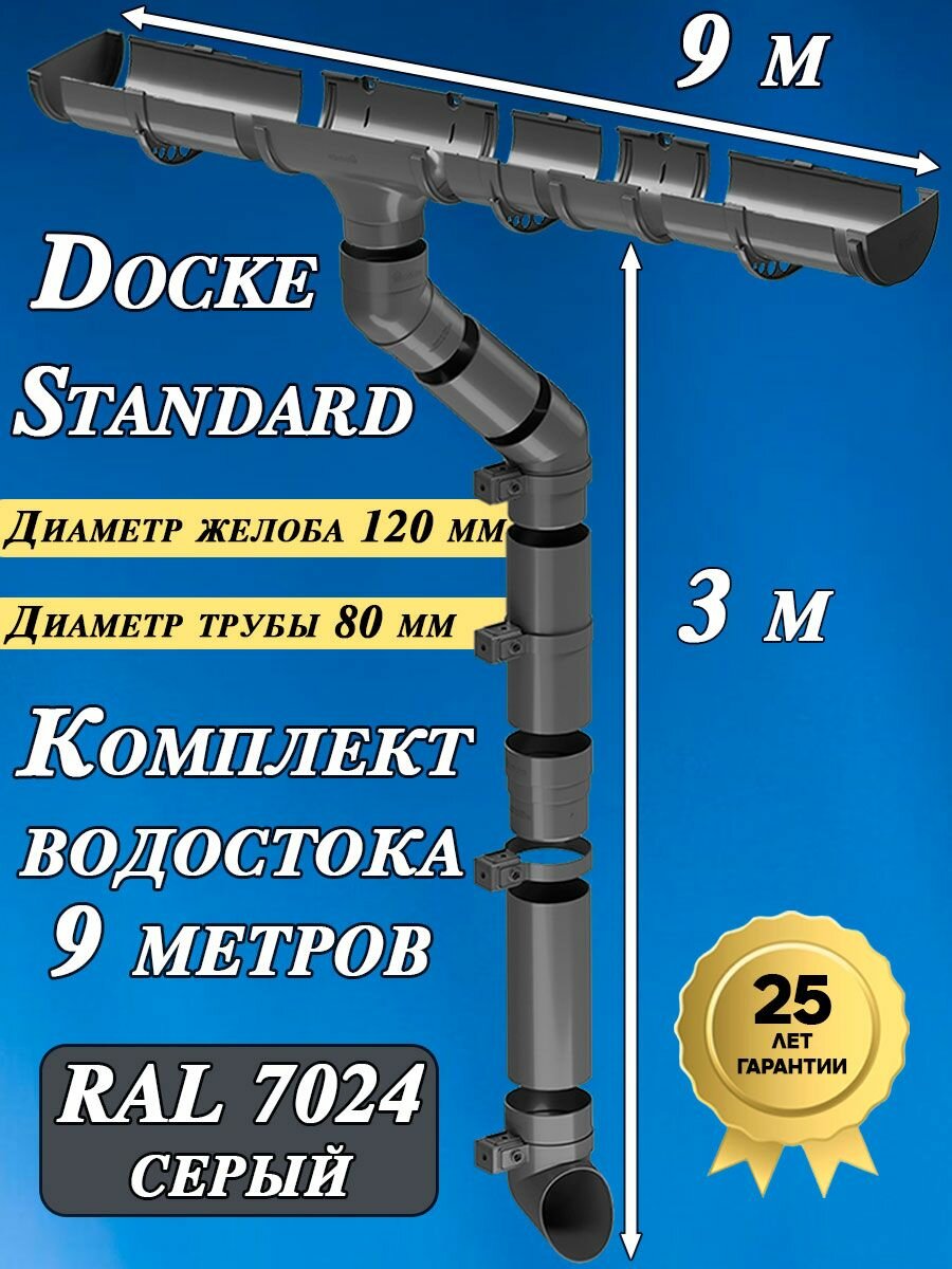 Водосток для крыши Docke Standard 9 м ( 120 мм / 80 мм ) водосточная система для дома размер 9х3м пластиковый Деке Стандарт ( цвет RAL 7024 серый графит ) комплект ПВХ Standart