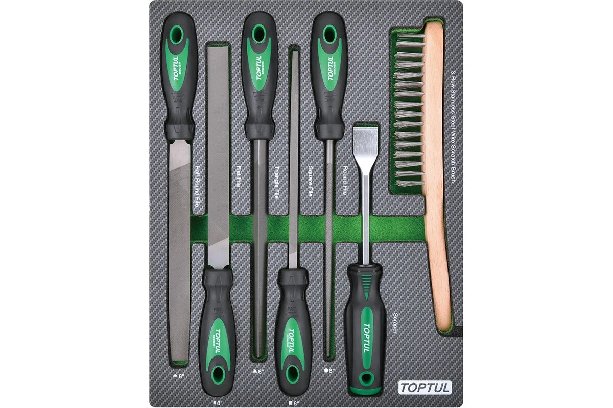 Набор инструментов/напильники, шабер и щетка, профессиональный, 7 предметов, в мягком ложементе, TOPTUL GEB0705