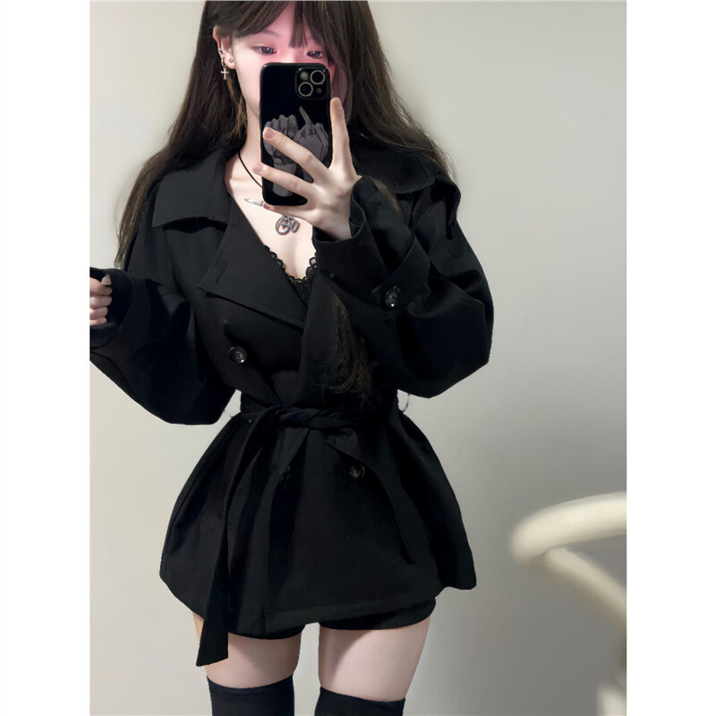 Женский двубортный плащ в стиле ретро Pure Desire, новинка осени, маленького размера, высококачественное черное короткое пальто с высокой талией