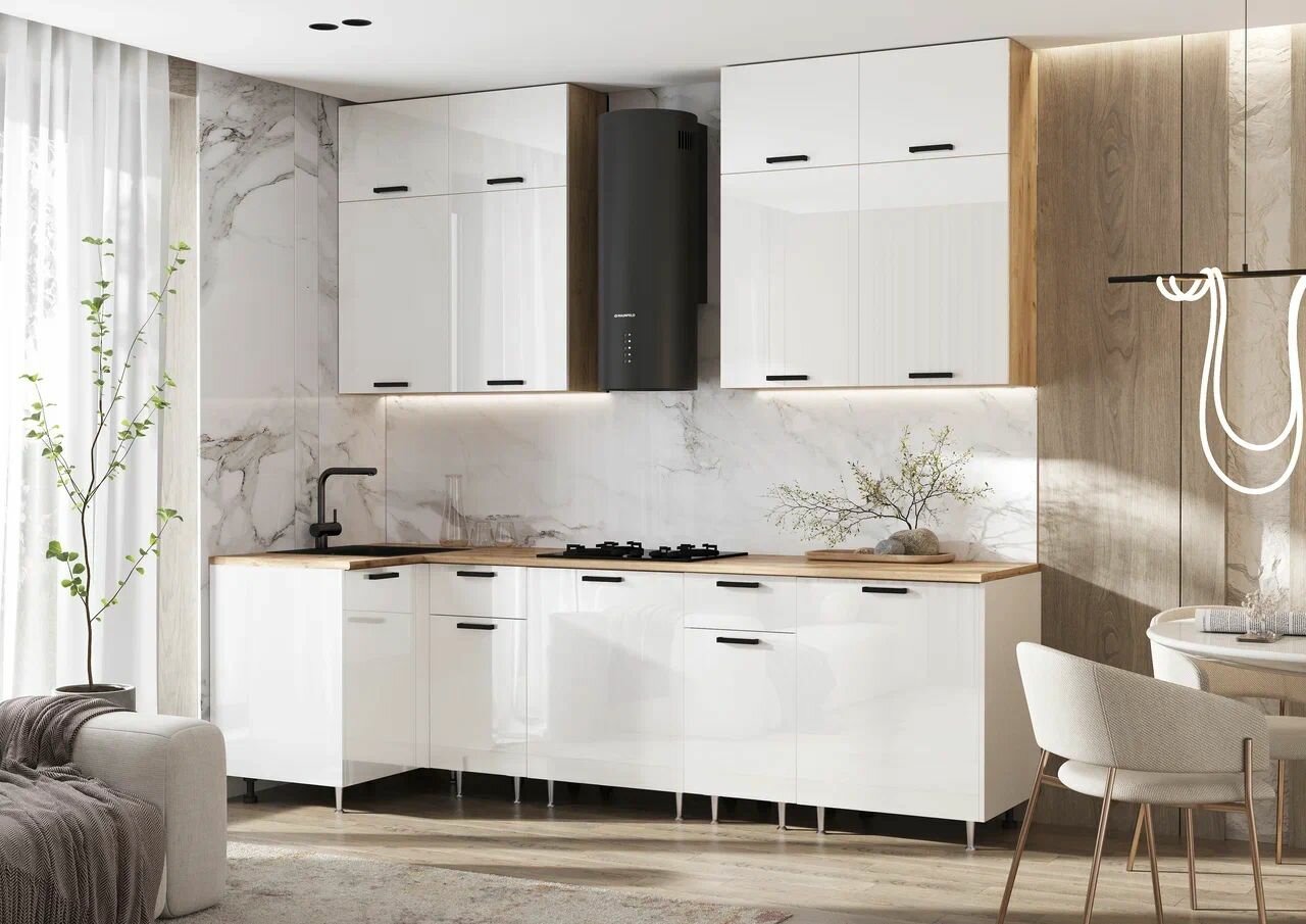 Кухня Рио NEW 1,0х2,6 м. Компоновка №3 Белый глянец, Дуб Крафт