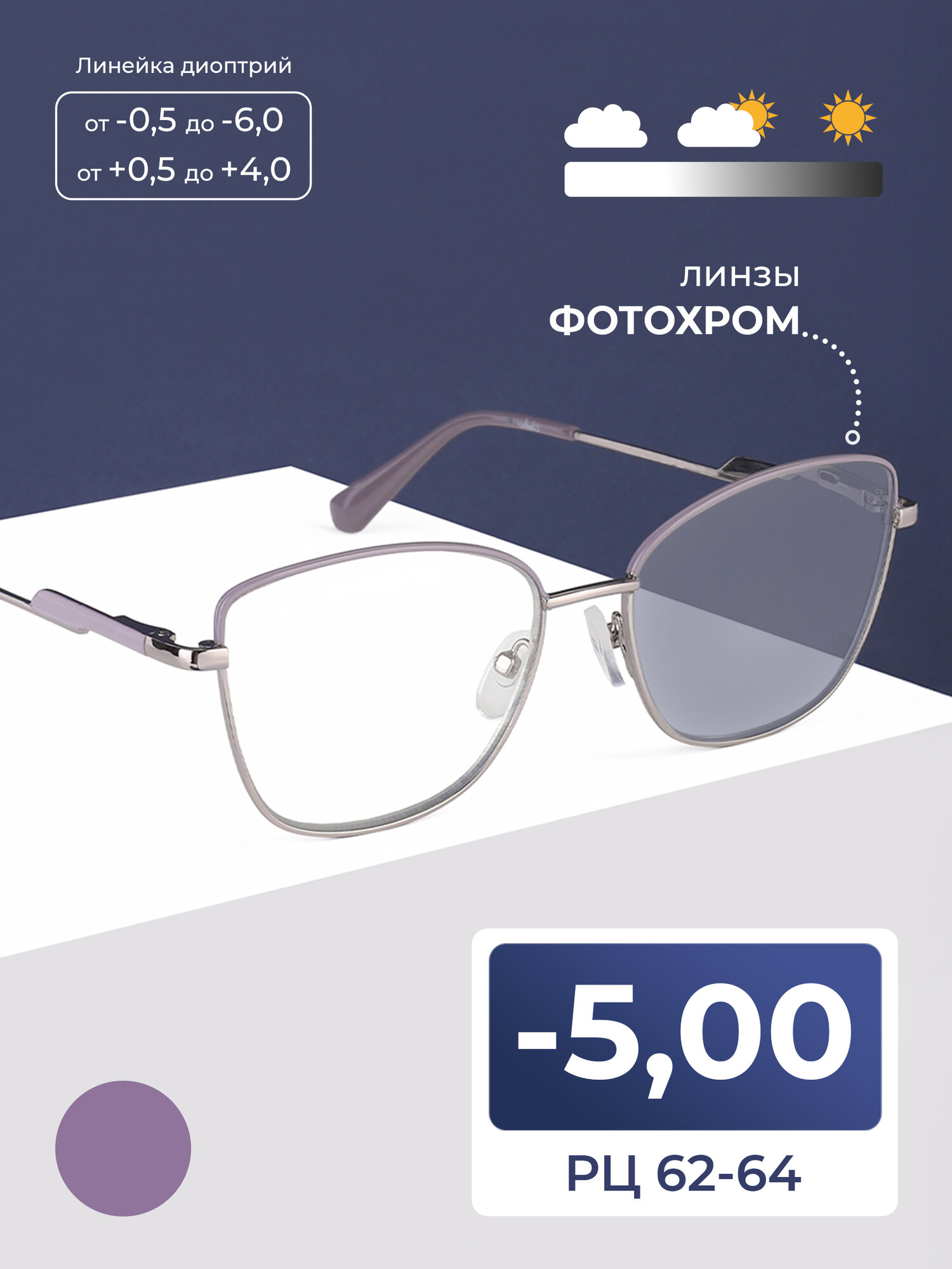 Готовые очки фотохромные с диоптриями женские (-5.00) GLODIATR 2138 C2, фотохром, UV-400, BLUE BLOCKER, цвет фиолетовый, без футляра, стигматические, РЦ 62-64