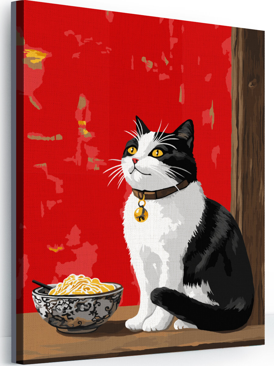 Картина по номерам кот на холсте с подрамником 40х50 см. Обед для котика