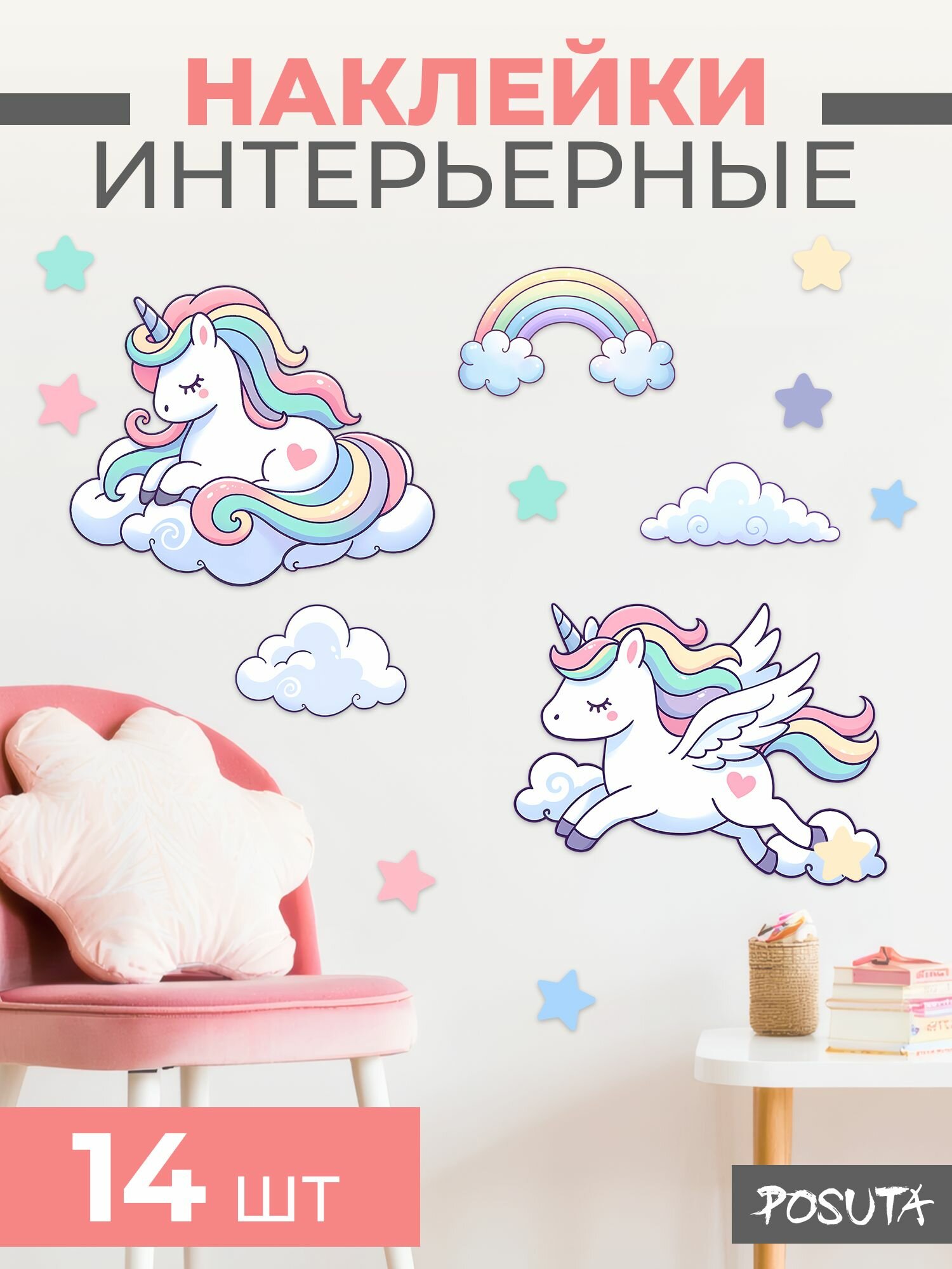 Наклейки для декора в детскую единороги