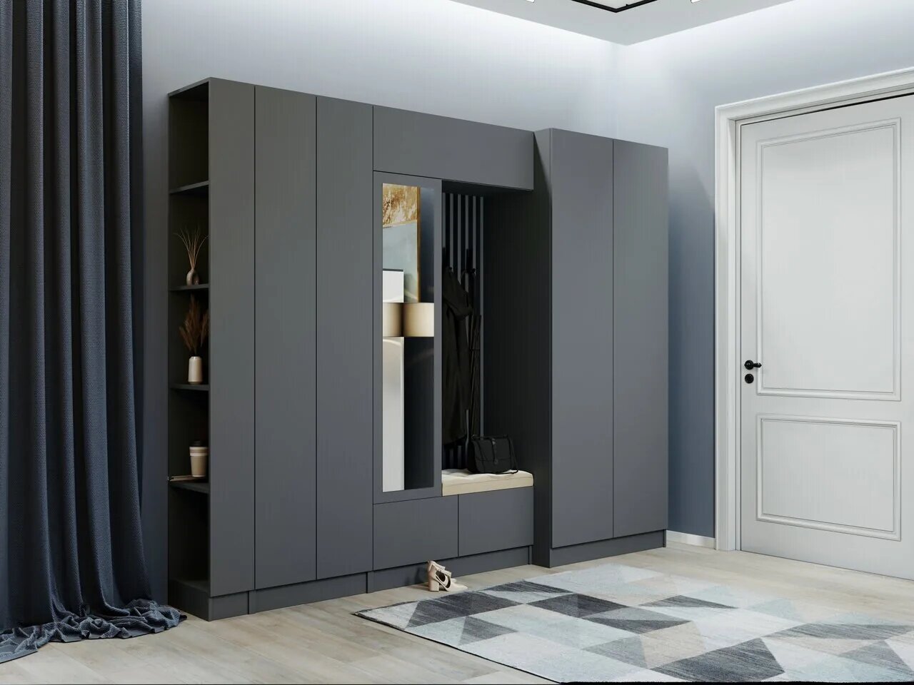 Прихожая «Руэлла» со шкафом, зеркалом и вешалкой, широкая, ЛДСП (Графит серый) 270х53х220