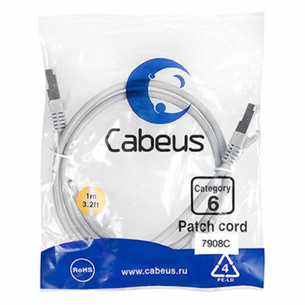 Cabeus Патч - корд PC - FTP - RJ45 - Cat.6 - 1m - LSZH, категория 6, экранированный, серый, 1м