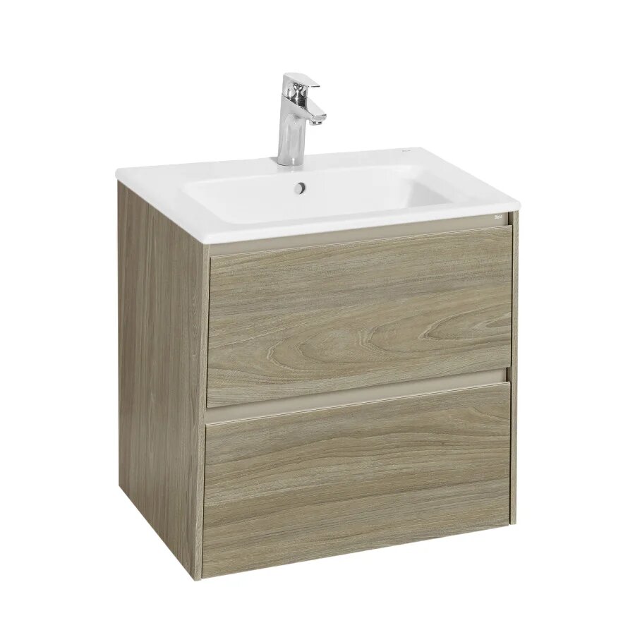 Тумба с раковиной Roca Ona 60 подвесная, 60 см, светлое дерево, матовая, из МДФ, с ящиками, раковина для ванной, фарфоровая, прямоугольная, встроенный слив-перелив
