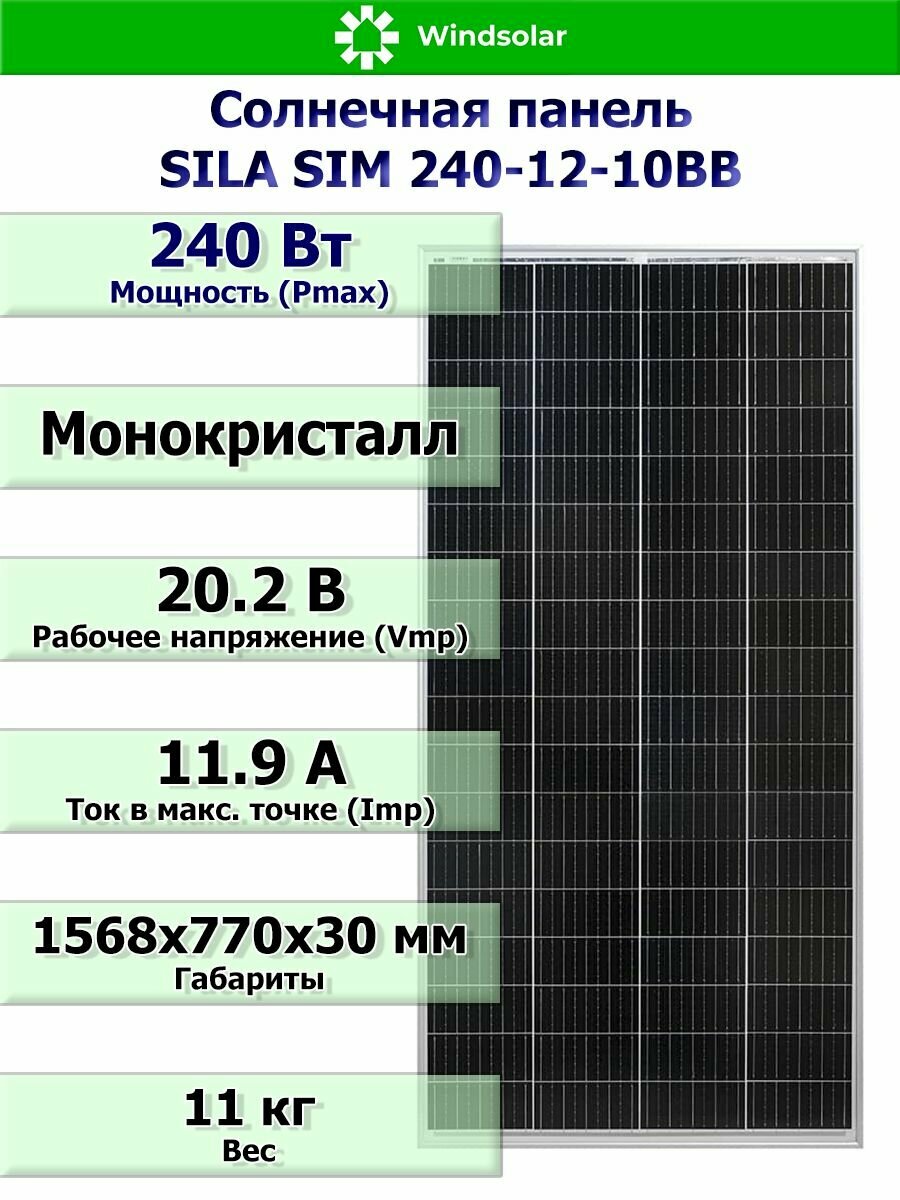 Солнечная панель (батарея) SILA 240 Вт, 12В солнечный модуль PERC (монокристалл), для дачи, дома, отдыха