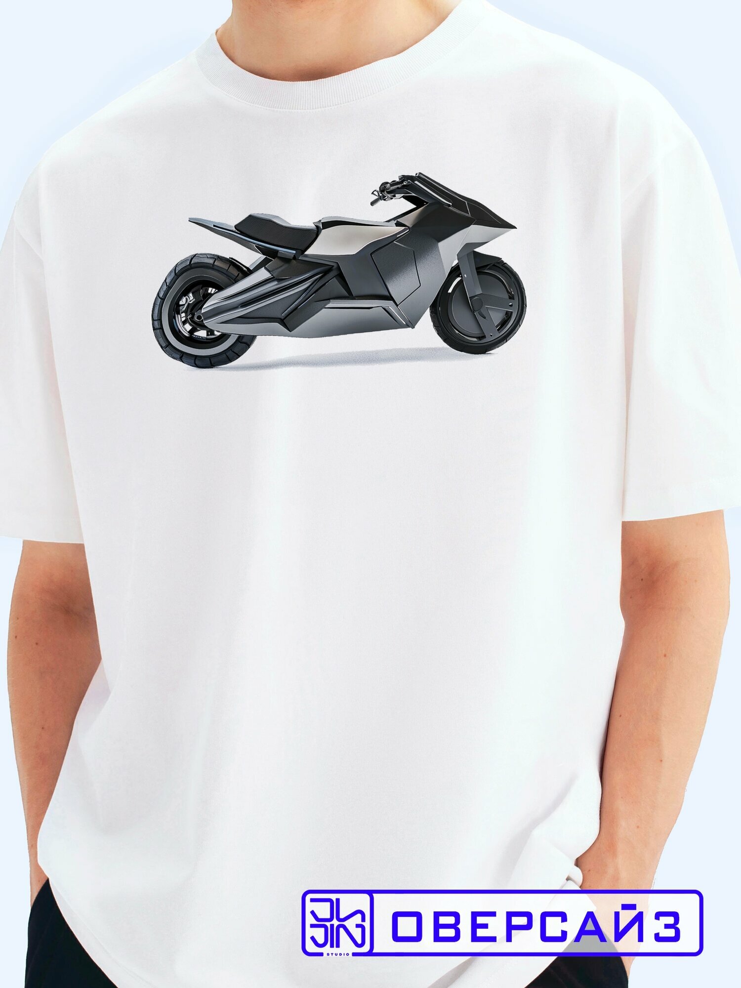 Футболка оверсайз мужская с принтом Черно белая геометрическая композиция с мотоциклом в стиле киберпанк экстрим, белый хлопковый трикотаж с прикольным рисунком на груди