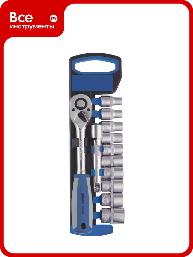 Набор головок торцевых кобальт 1/2 10, 11, 12, 13, 14, 15, 17, 19, 22, 24 мм + трещоточная рукоятка, Cr-V, 12 предметов