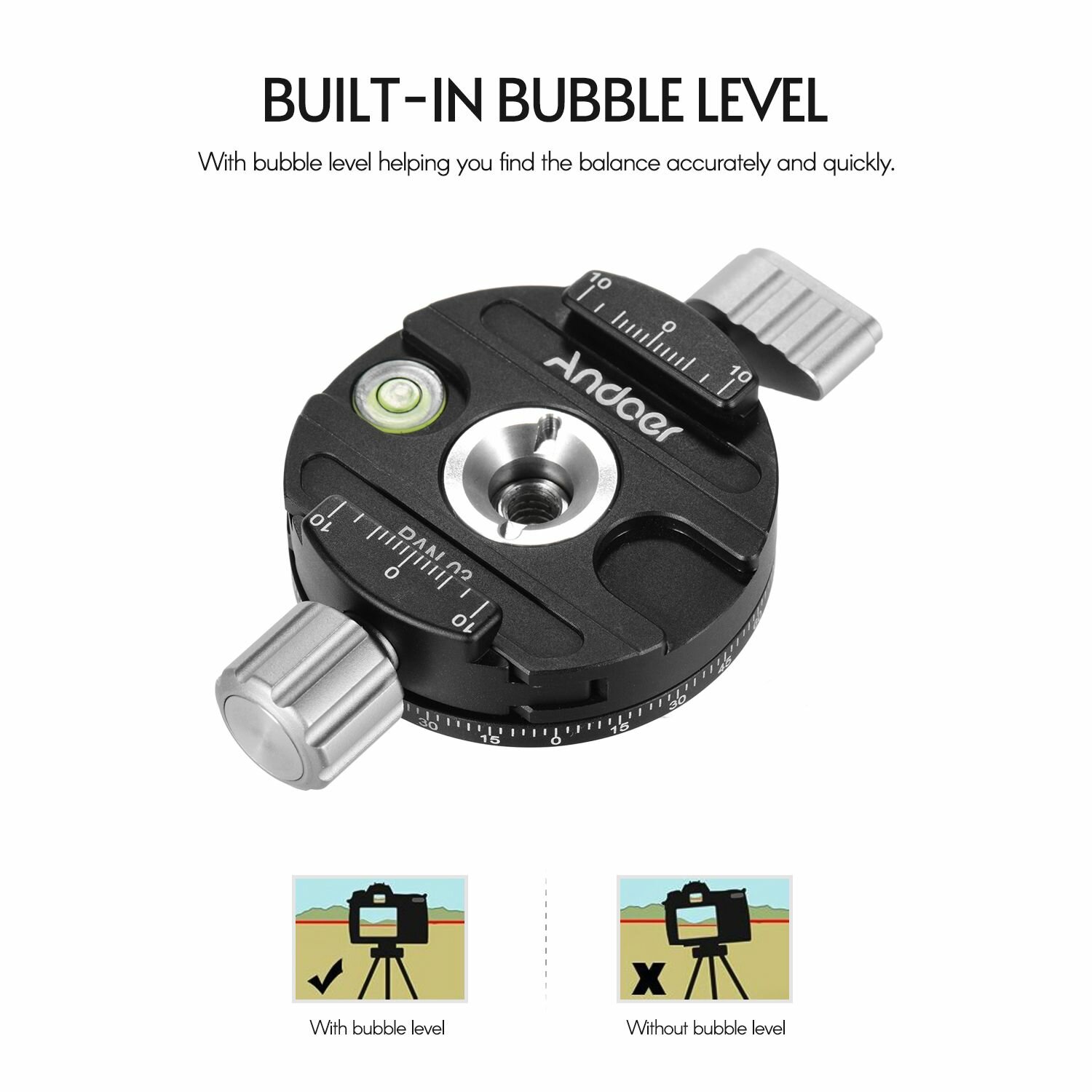 Панорамная головка штатива Andoer PAN-03 с быстросъемной площадкой, адаптером зажима Arca-Swiss Standard из алюминиевого сплава с QR-площадкой, резьбовым отверстием 1/4 дюйма и 3/8 дюйма