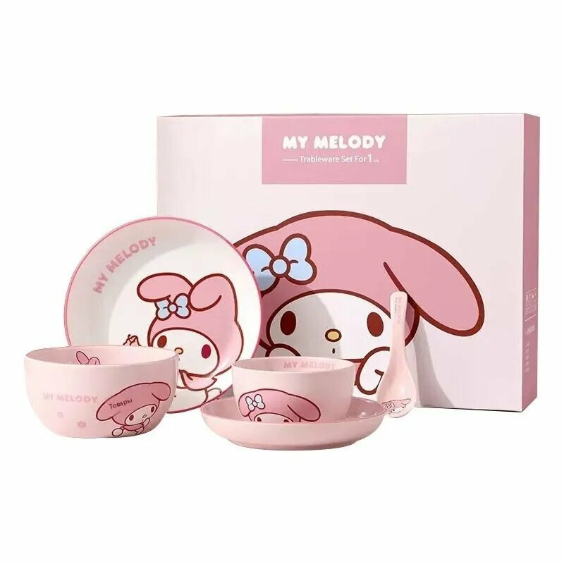 Набор посуды с Cinnamoroll, My Melody и Hello Kitty: тарелки, миски, палочки для еды, круглая посуда для дома
