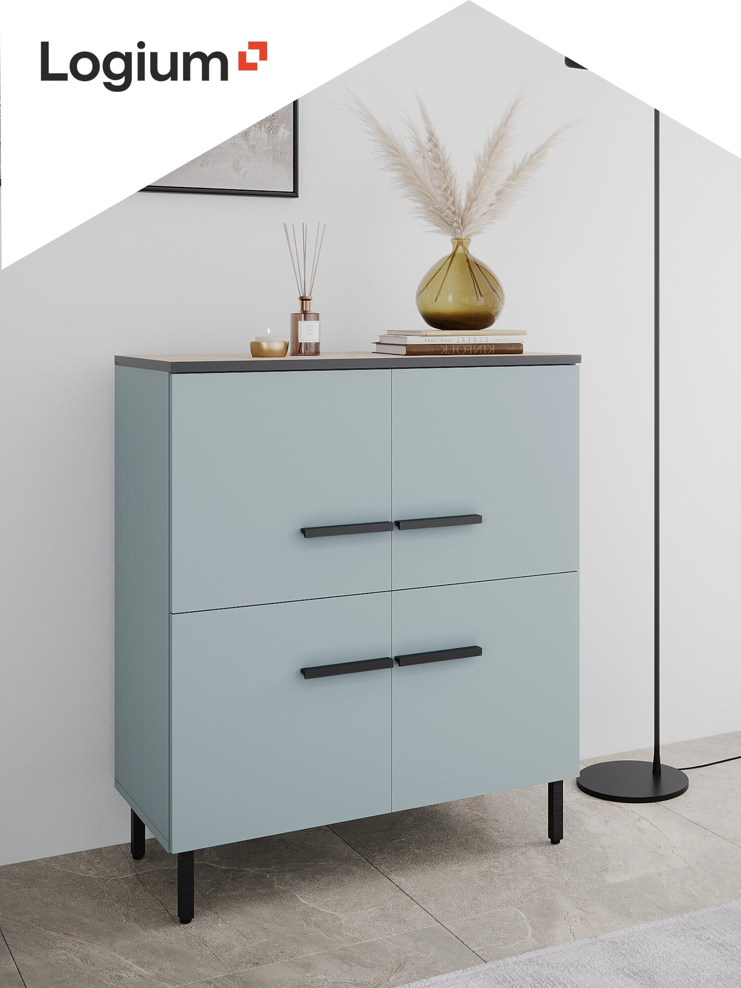 Комод для вещей большой и высокий 73 см, Оливия 16.244.04, Сумеречный Голубой, Дуб Белый exclusive, Черный