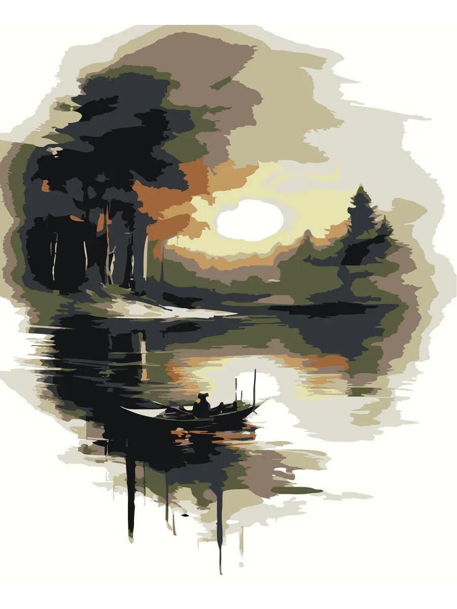 Картина по номерам Абстракция Лес Река Пейзаж Рыбалка