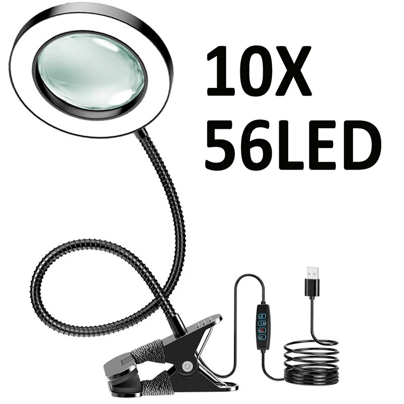 Лупа с подсветкой 10x 56LED, на прищепке