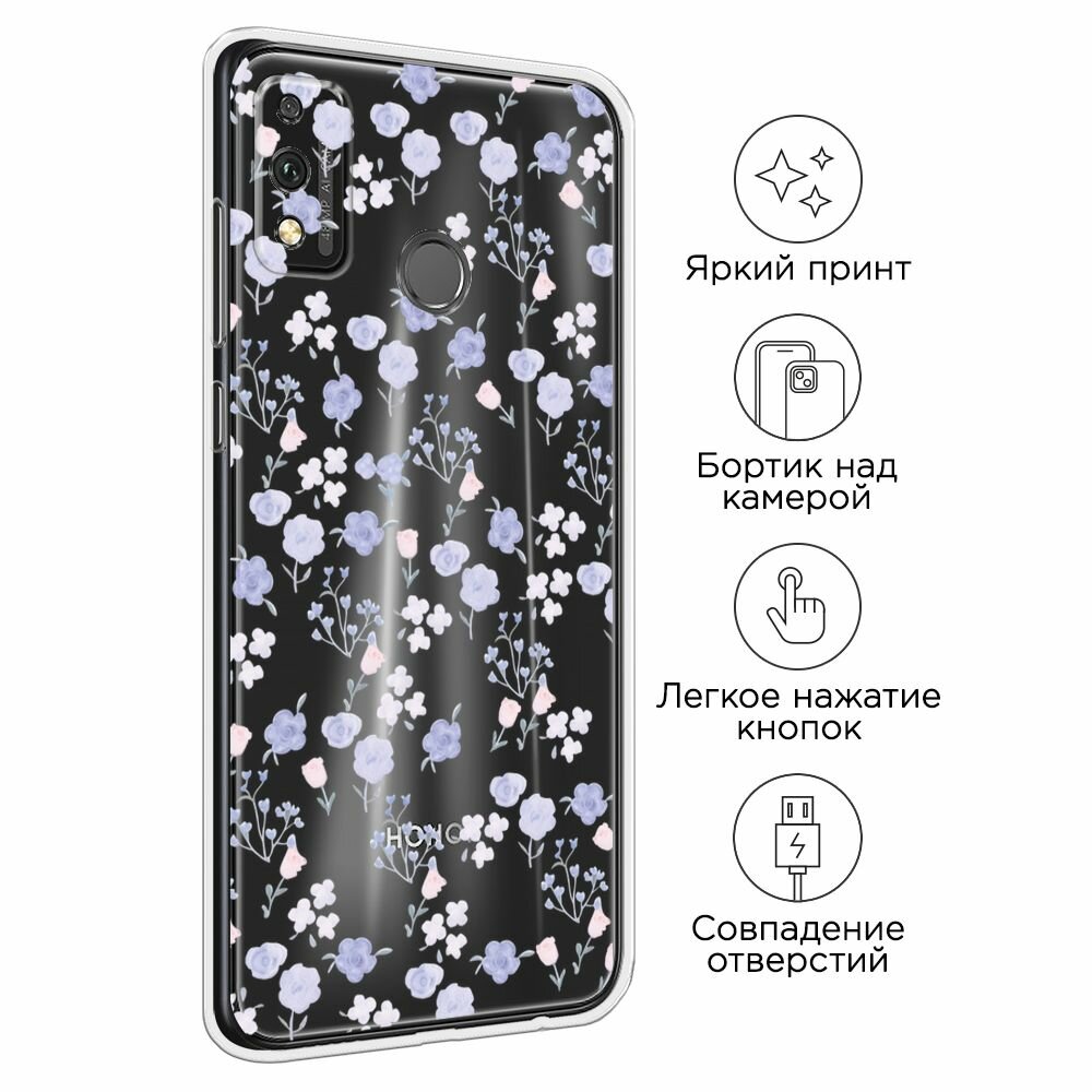 Чехол на Honor 9X Lite / Хонор 9X Лайт с принтом Сиреневые розы паттерн, прозрачный — фото 1
