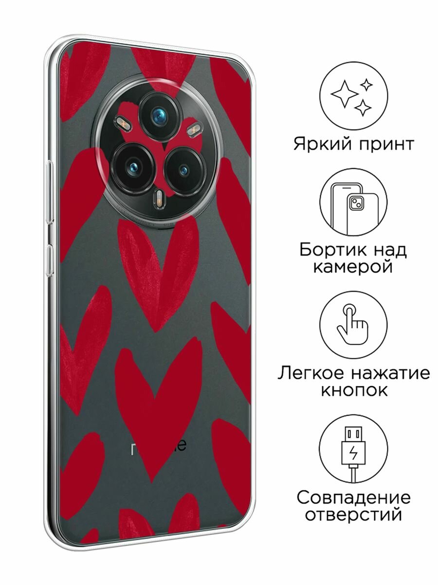 Чехол на Realme 14 Pro / Реалми 14 Про с принтом "Красные сердечки рисунок - 14 февраля", прозрачный — фото 1