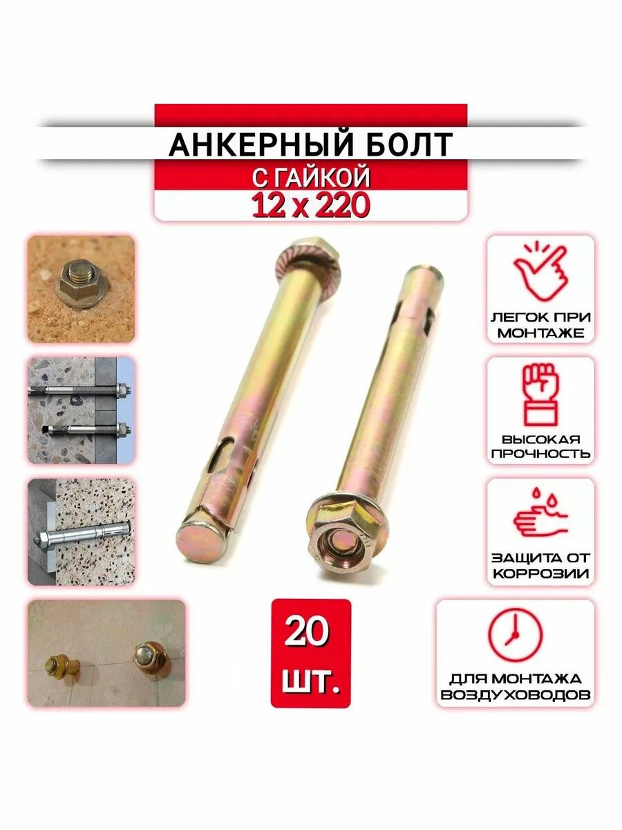 Анкерный болт с гайкой 12х220 мм - 20 шт.