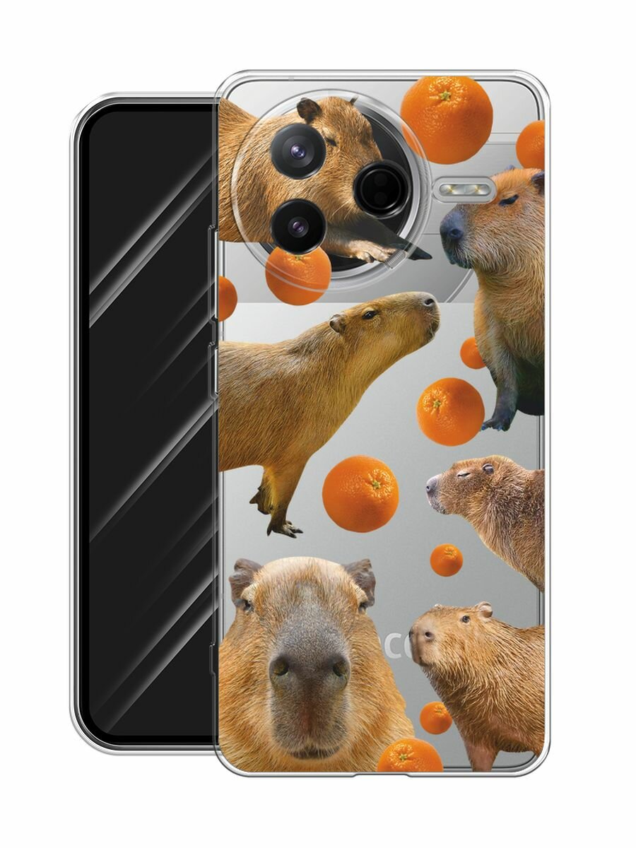 Чехол на Poco F7 Pro / Поко F7 Про с принтом "Капибара и апельсины", прозрачный — фото 1