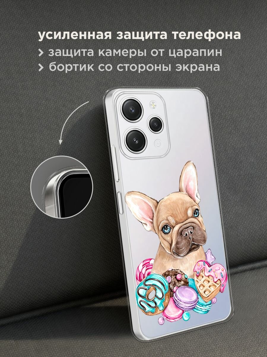 Чехол на Xiaomi Redmi 12 / Сяоми Редми 12 с принтом "Бульдог и сладости", прозрачный — фото 1