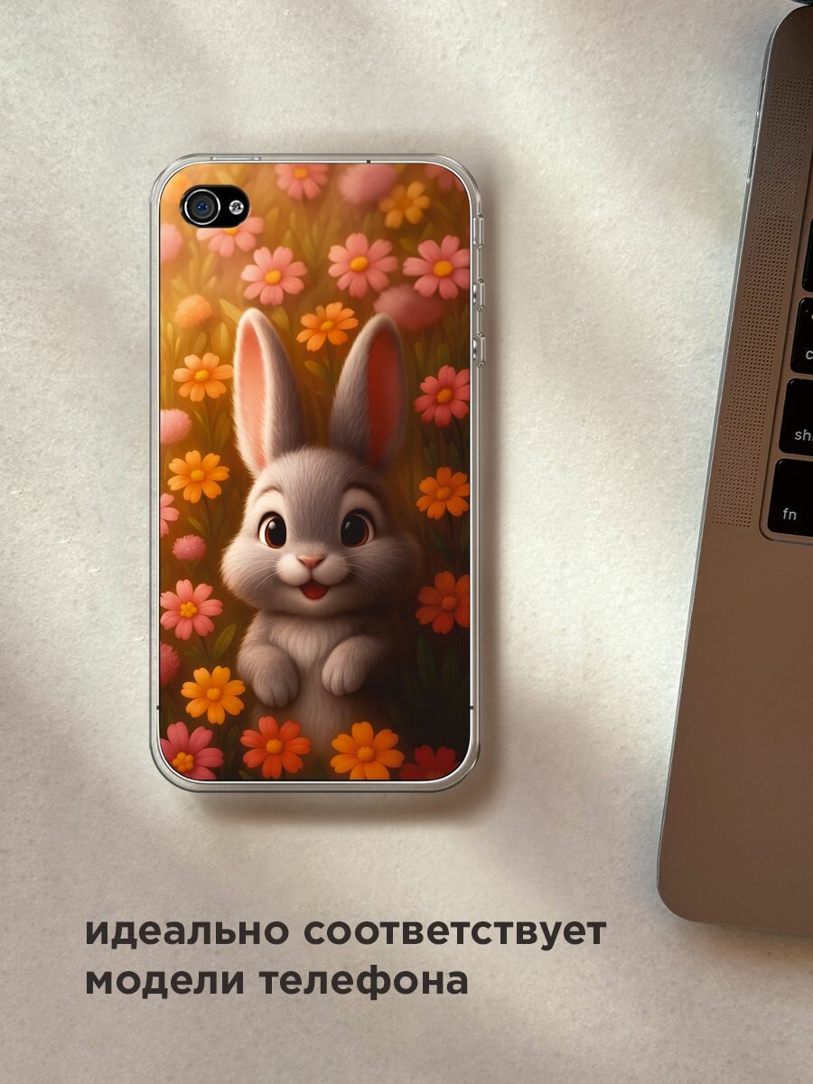Чехол на Apple iPhone 4/4S / Айфон 4/4S с принтом "Серый зайка на лугу" — фото 1