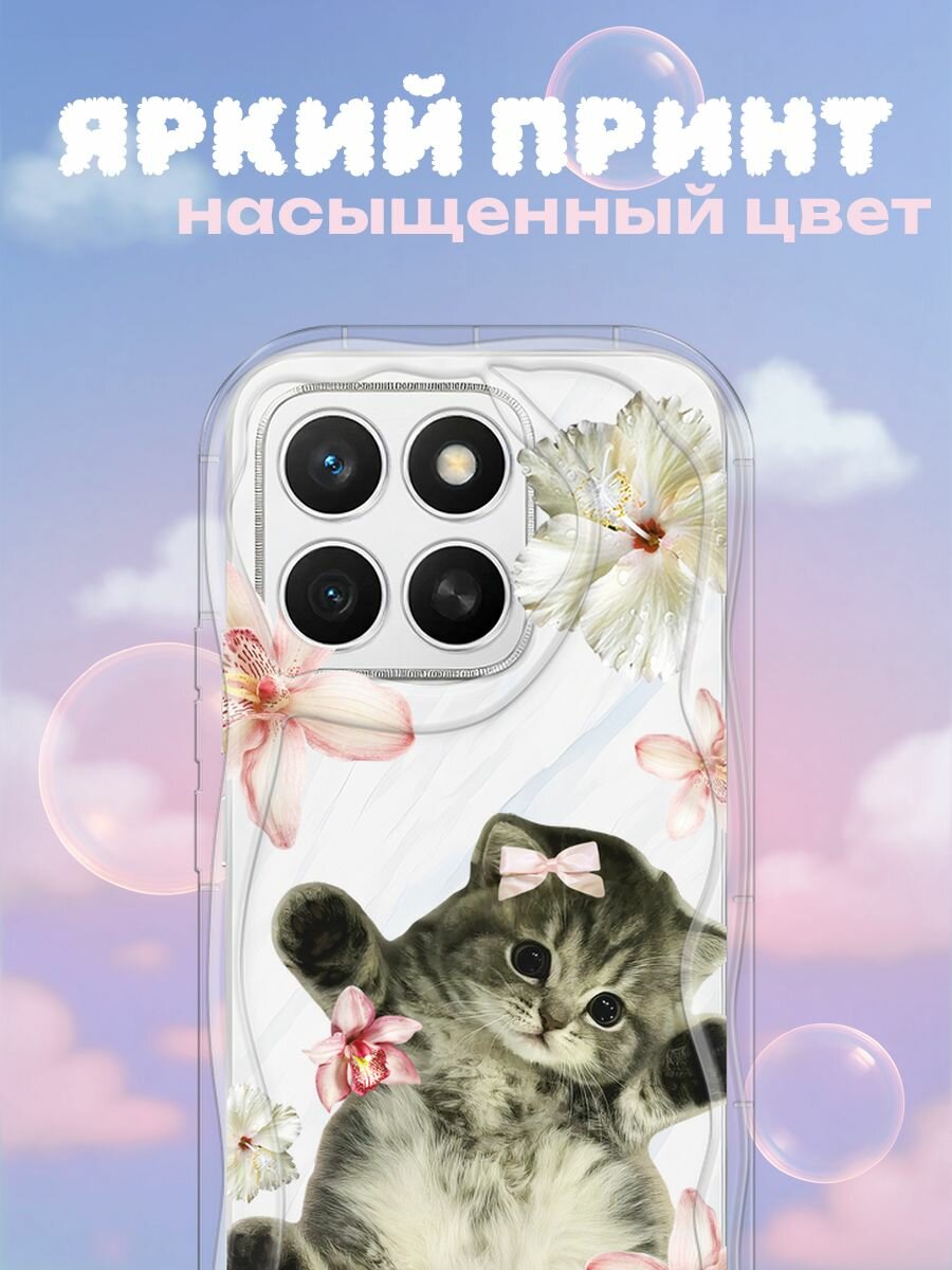 Чехол на Honor X8c / Хонор X8c с принтом "Котенок в цветах", прозрачный — фото 1