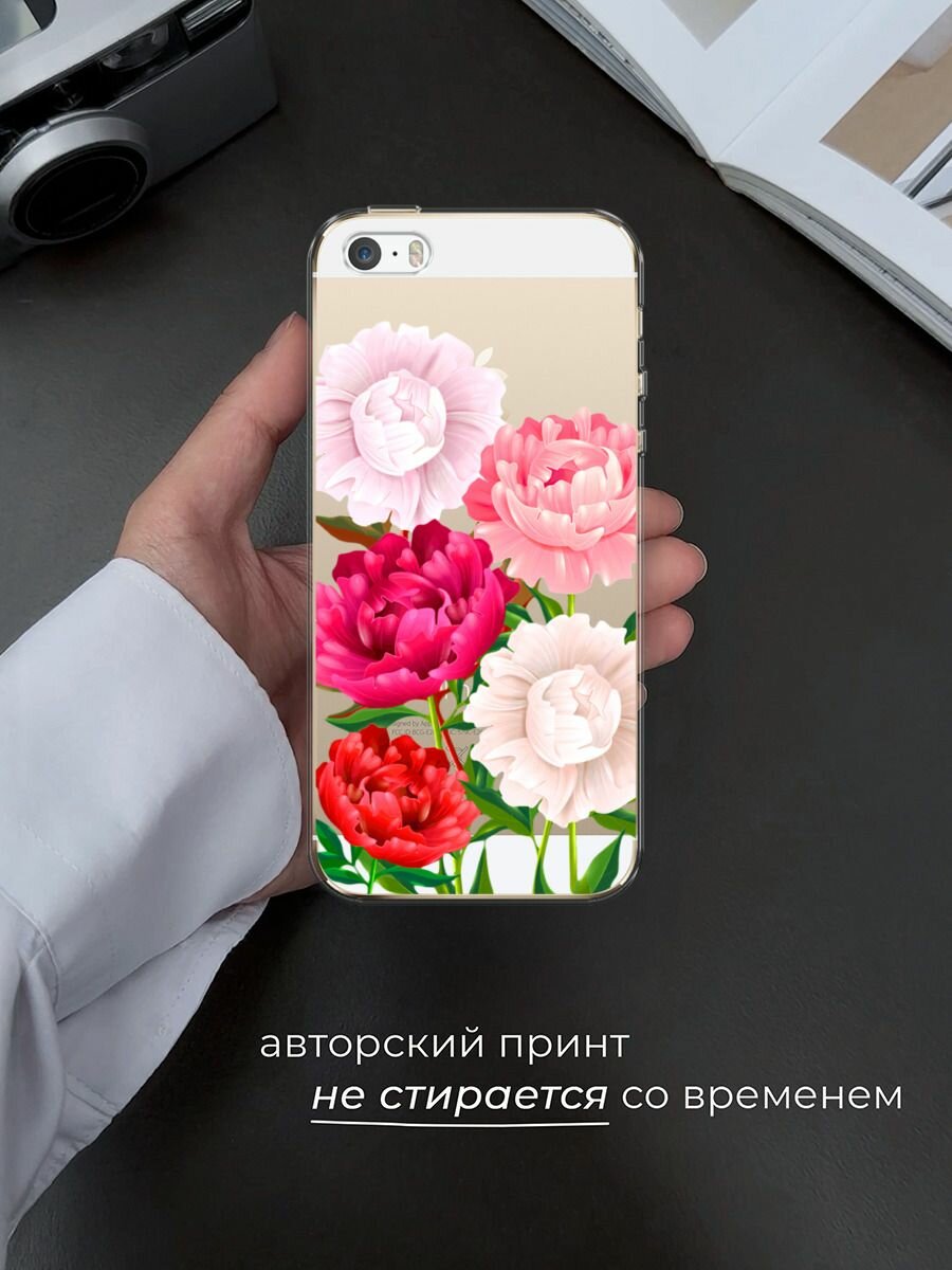 Чехол на Apple iPhone 5/5S/SE / Айфон 5/5S/SE с принтом "Большие пионы", прозрачный — фото 1