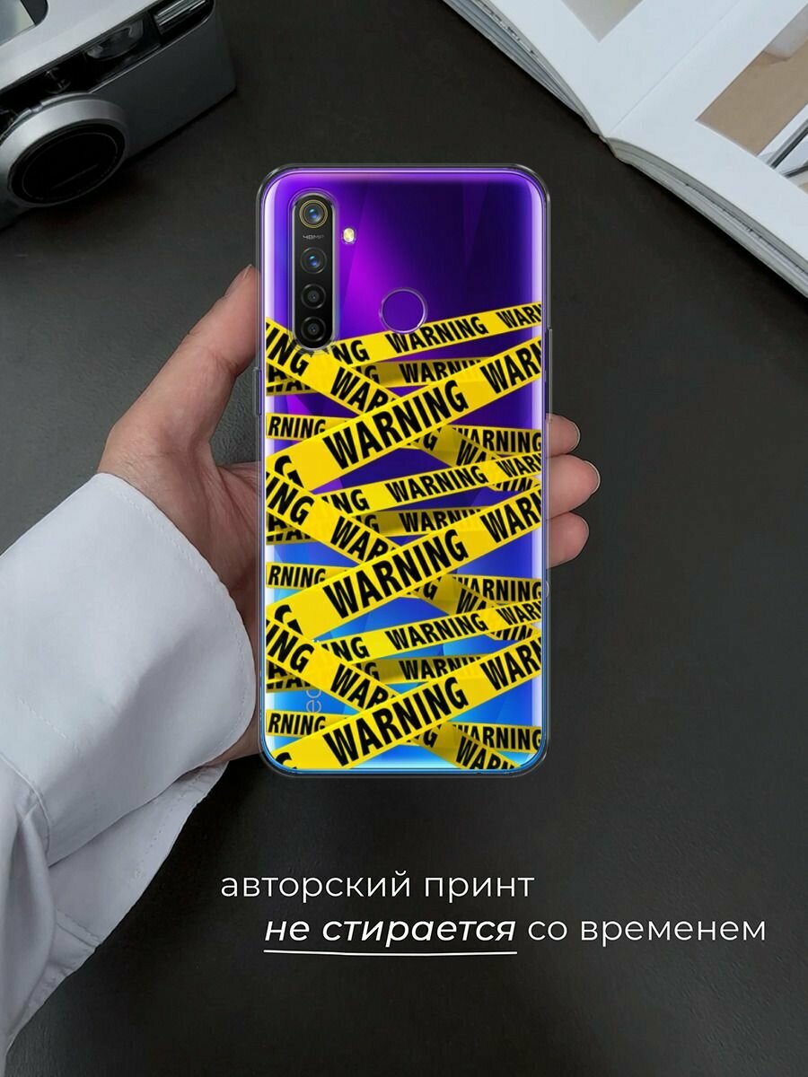 Чехол на Realme 5 Pro / Реалми 5 Про с принтом "Warning!", прозрачный — фото 1