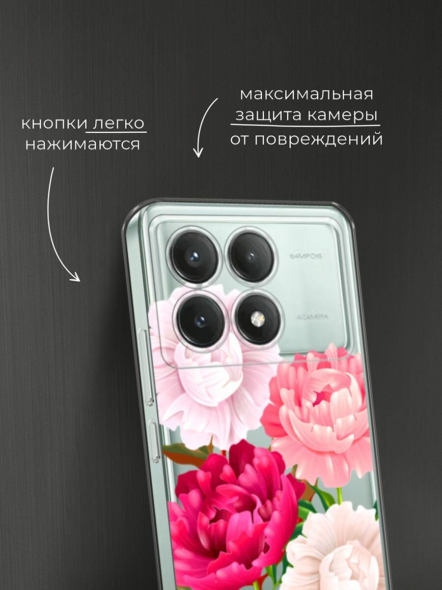 Чехол на Xiaomi Poco X6 PRO 5G / Поко X6 Про 5G с принтом "Большие пионы", прозрачный — фото 1