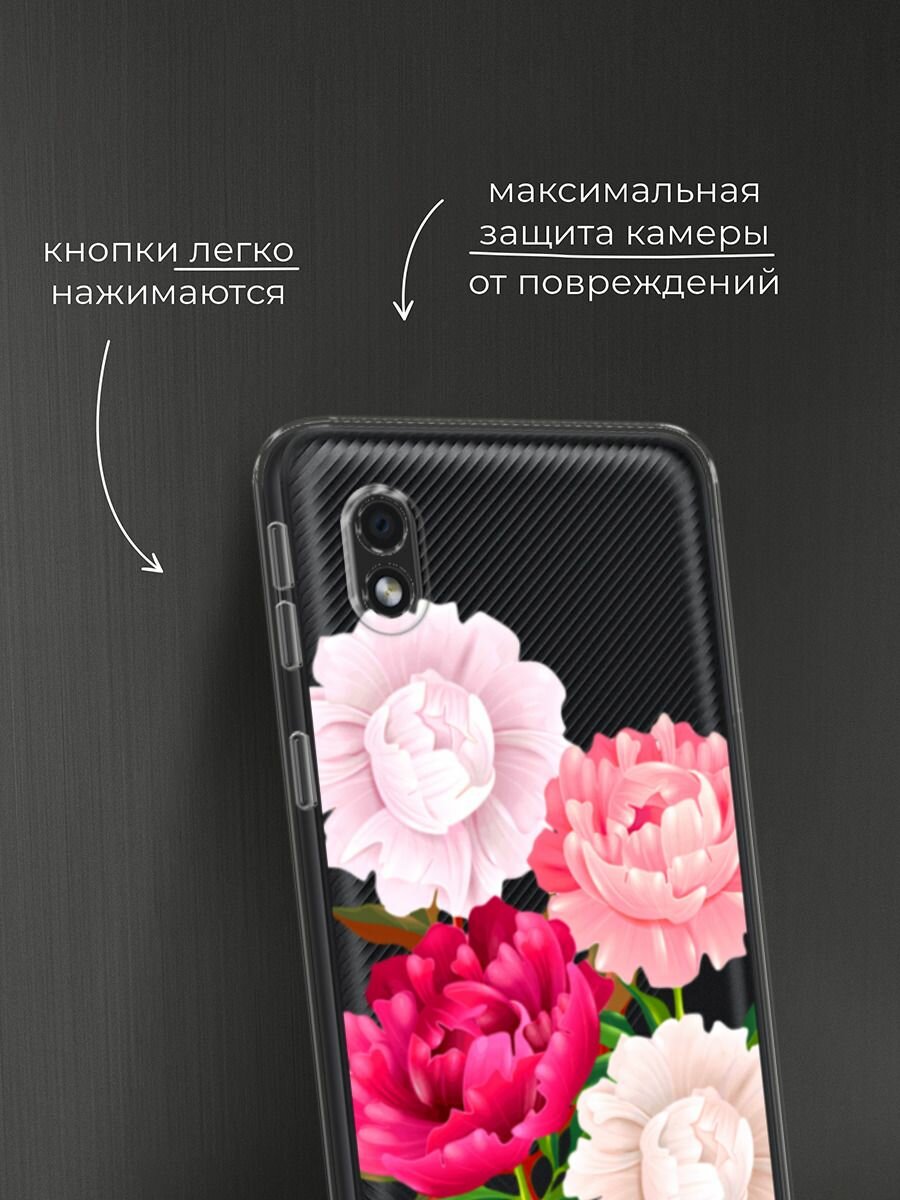 Чехол на Samsung Galaxy A01 Core / Самсунг Галакси А01 Core с принтом "Большие пионы", прозрачный — фото 1