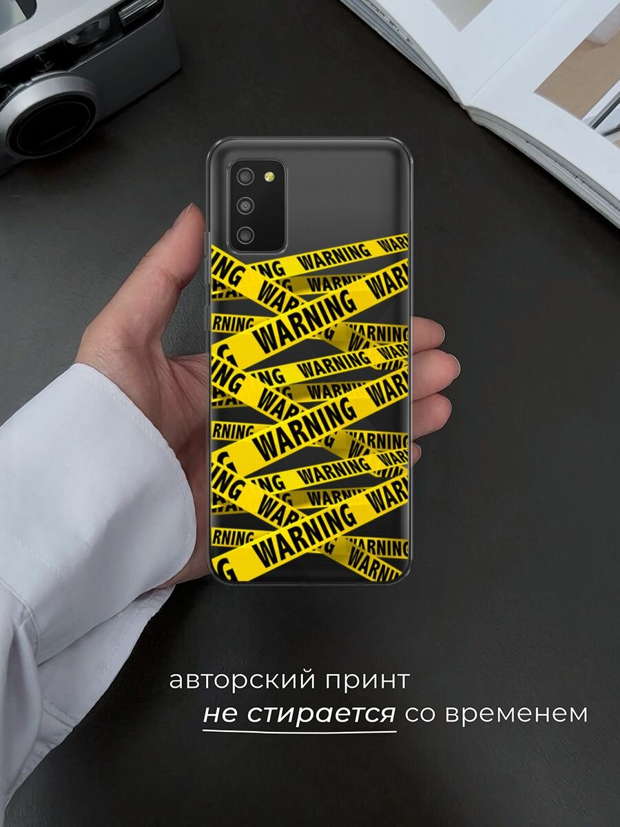 Чехол на Samsung Galaxy A02s / Самсунг Галакси A02s с принтом "Warning!", прозрачный — фото 1