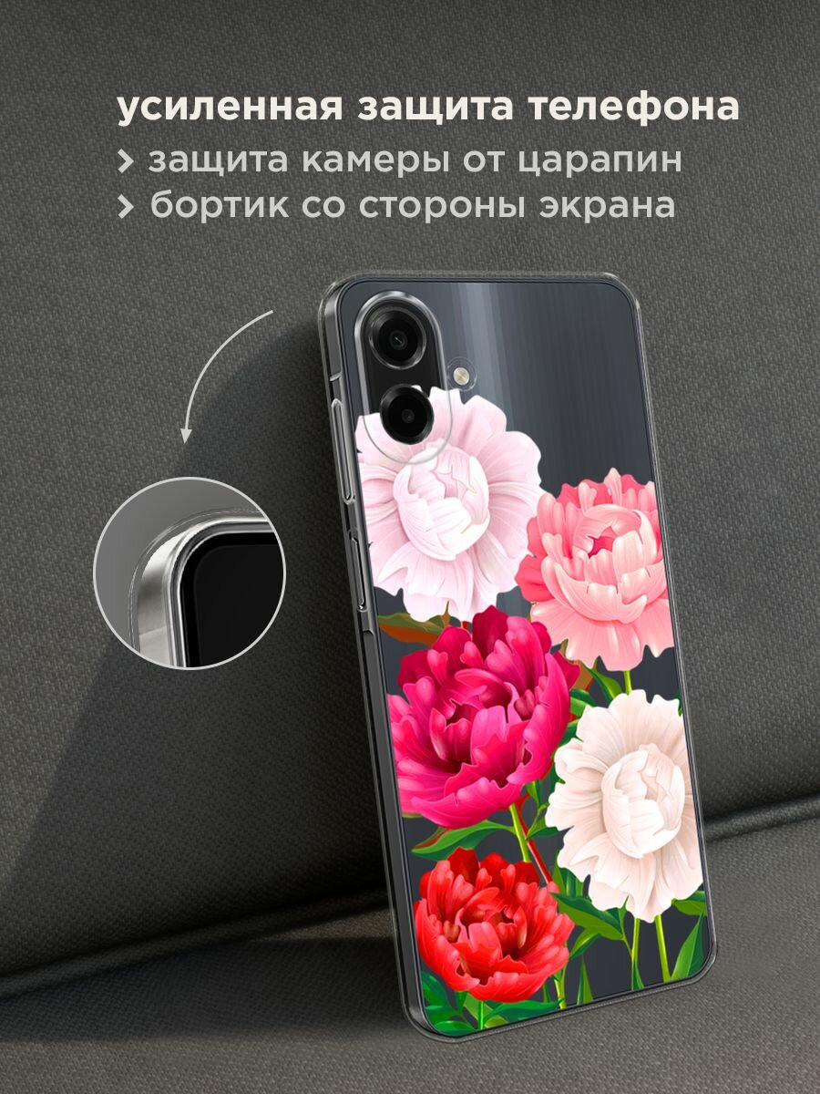 Чехол на Samsung Galaxy A07 / Самсунг А07 с принтом "Большие пионы", прозрачный — фото 1