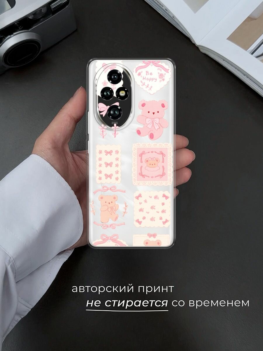 Чехол на Honor 200 Pro / Хонор 200 Про с принтом "Розовые марки", прозрачный — фото 1