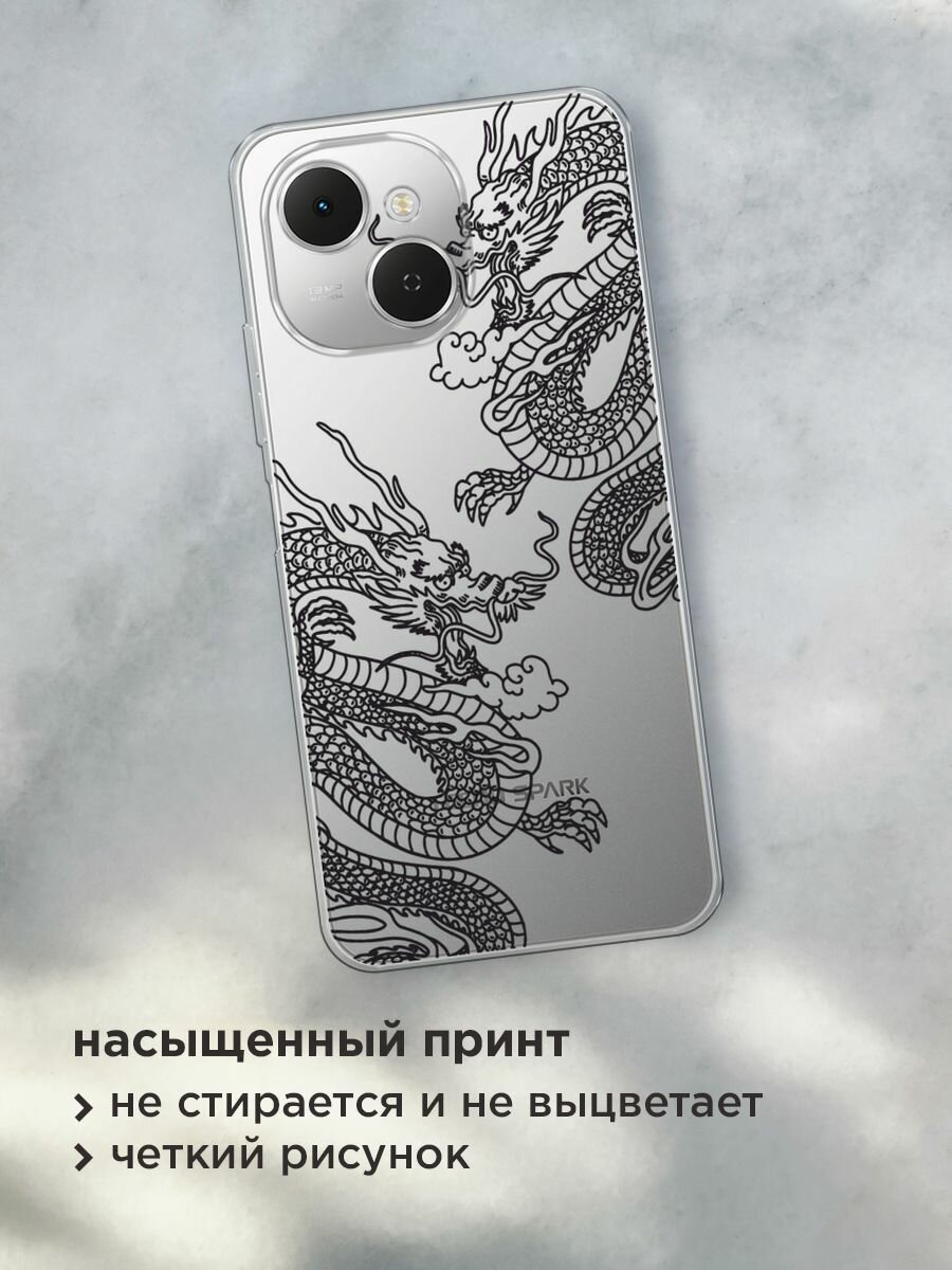 Чехол на Tecno Spark 40C / Текно Спарк 40C с принтом "Два китайских дракона", прозрачный — фото 1