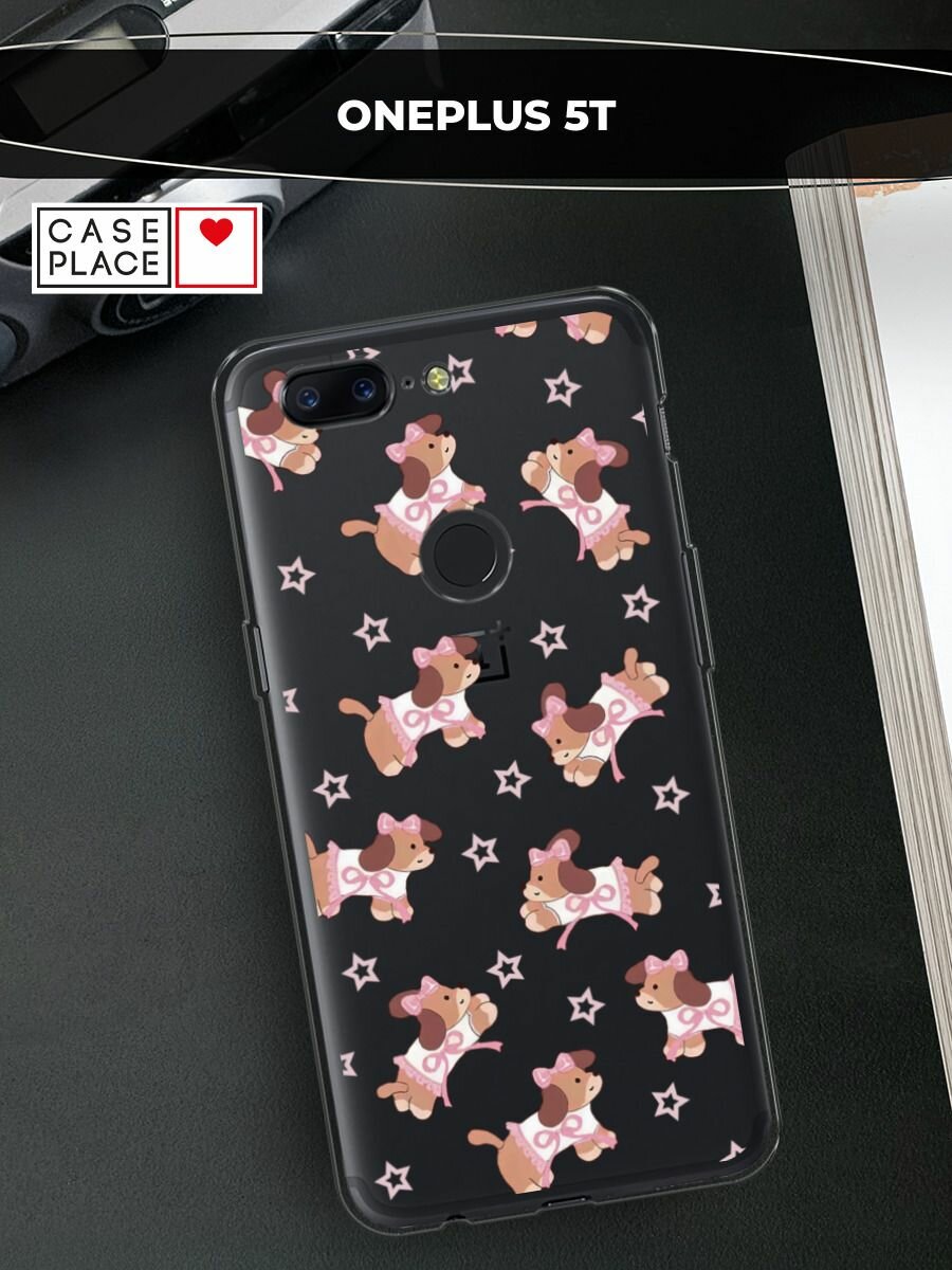 Чехол на OnePlus 5T / ВанПлюс 5Т с принтом "Милый щенок с бантиком", прозрачный