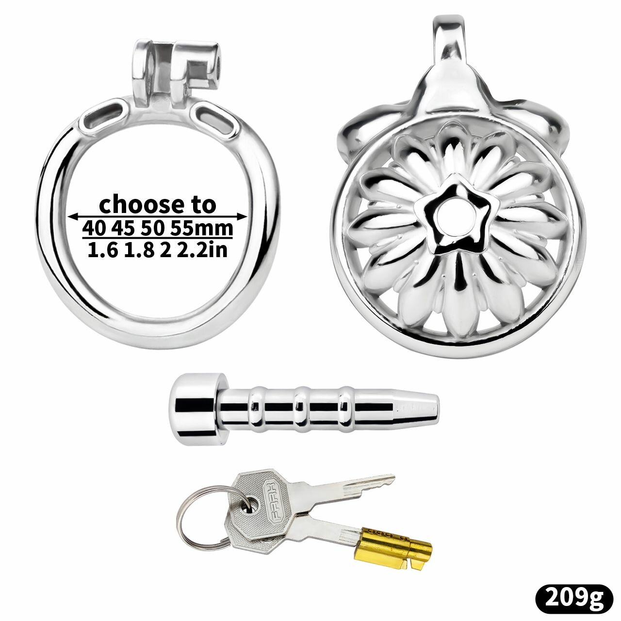 Мужской пояс верности из металла с кольцом, плоской накладкой и мочеотводом(45 мм + металлический катетер)