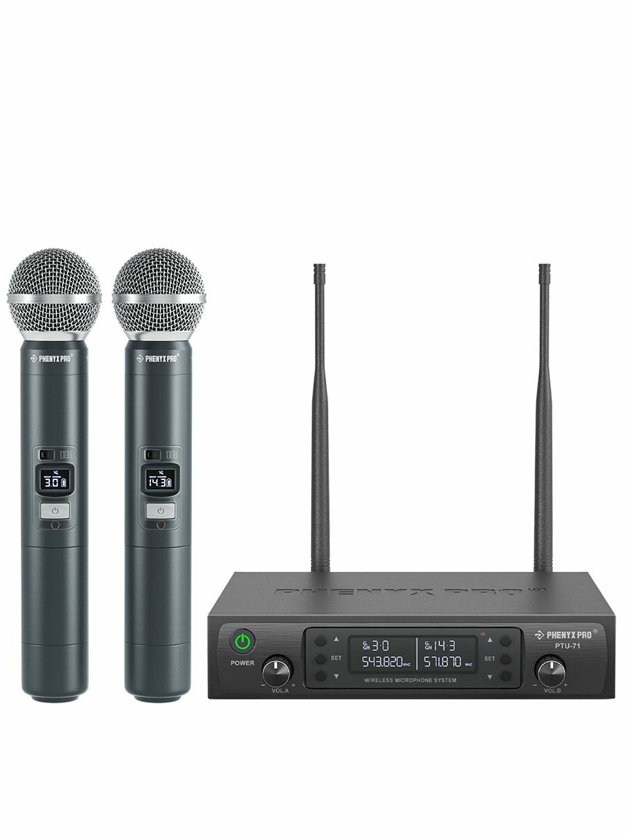 Phenyx Pro Микрофон для живого вокала Двойной ручной микрофон UHF с динамическим микрофоном с автосканированием для Church PTU-71, черный