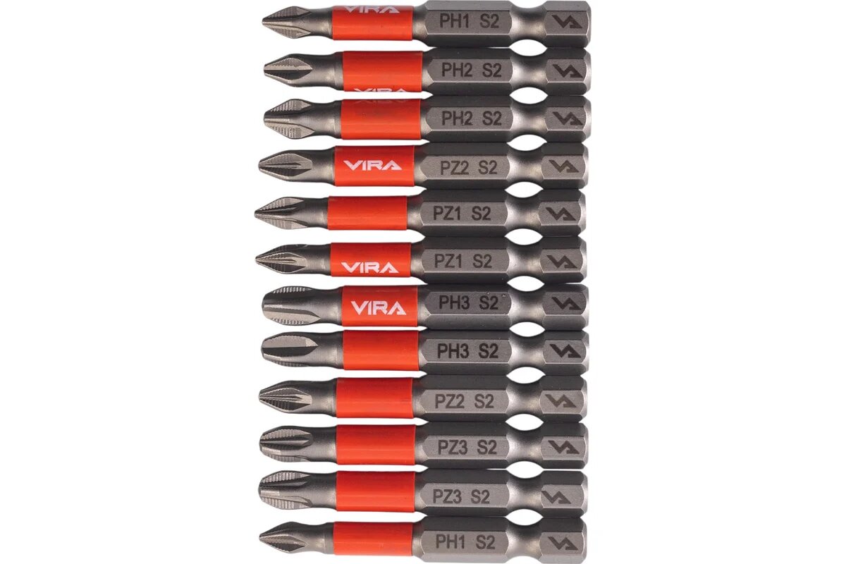 VIRA Набор торсионных бит S2 PH1 PH2 PH3 PZ1 PZ2 PZ3, 50 мм, 12 шт в комплекте