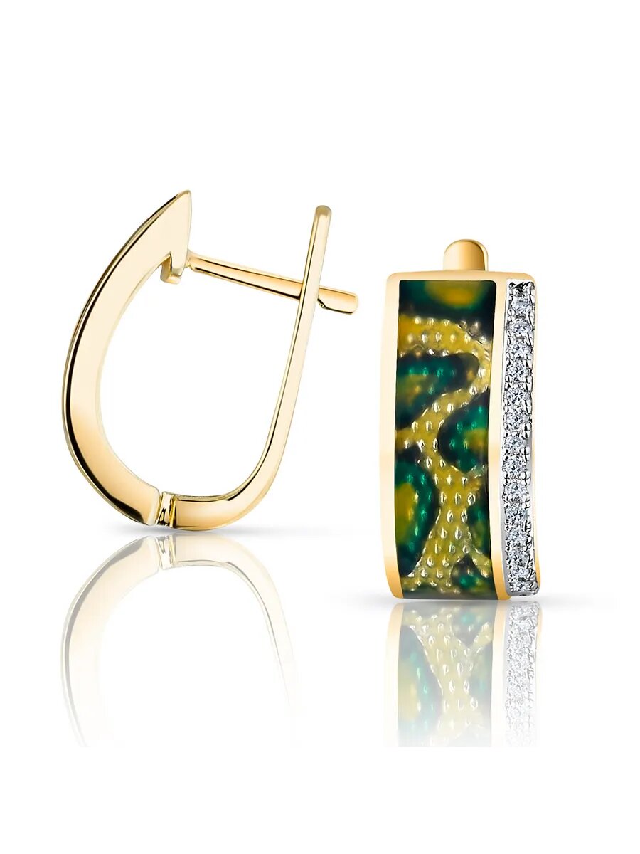 Серьги каффы, серебро, 925 проба, золочение, родирование, циркон, эмаль