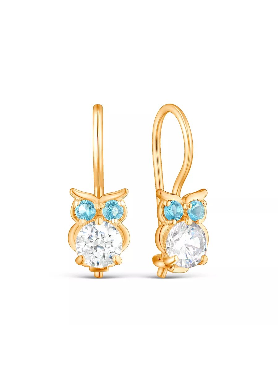 Серьги, серебро, 925 проба, золочение, фианит