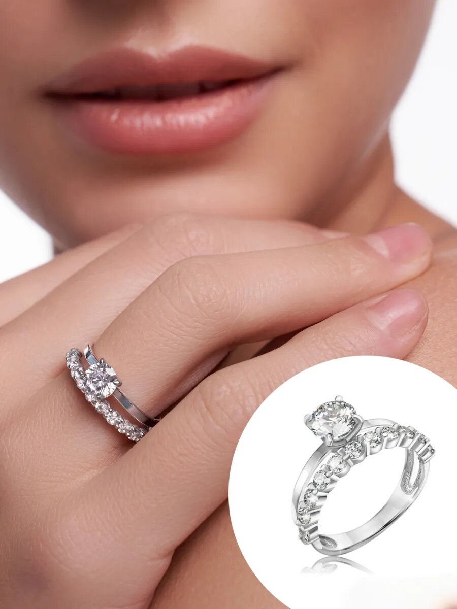 Кольцо помолвочное, серебро, 925 проба, родирование, фианит