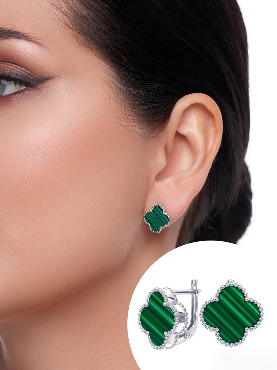 Серьги, серебро, 925 проба, родирование, малахит