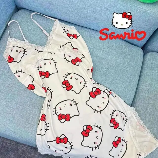 Пижама Sanrio Hello Kitty в стиле аниме, однотонная, с принтом, с милым рисунком, с мультяшным принтом, летняя, с тонкими кружевами и высоким разрезом, новое поступление 2025 года, Размер: L